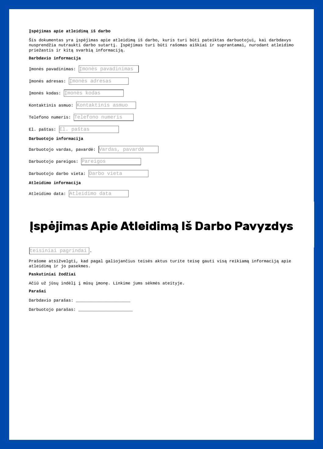 Įspėjimas Apie Atleidimą Iš Darbo Pavyzdys